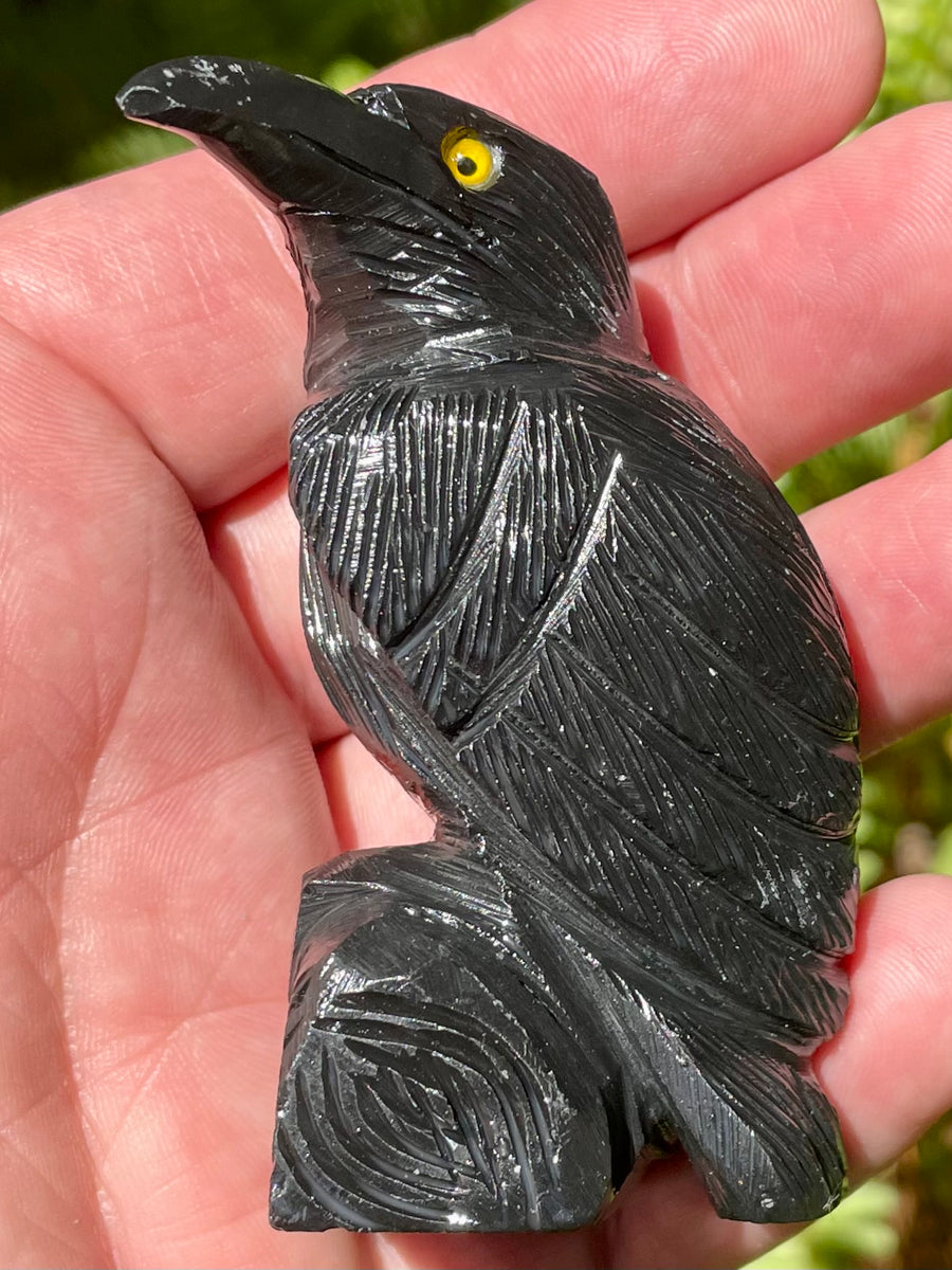 Large Black Obsidian Raven with Yellow Eyes