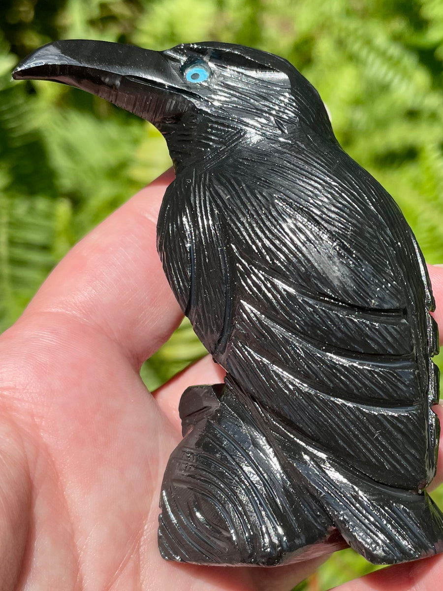 Large Black Obsidian Raven with Blue Eyes