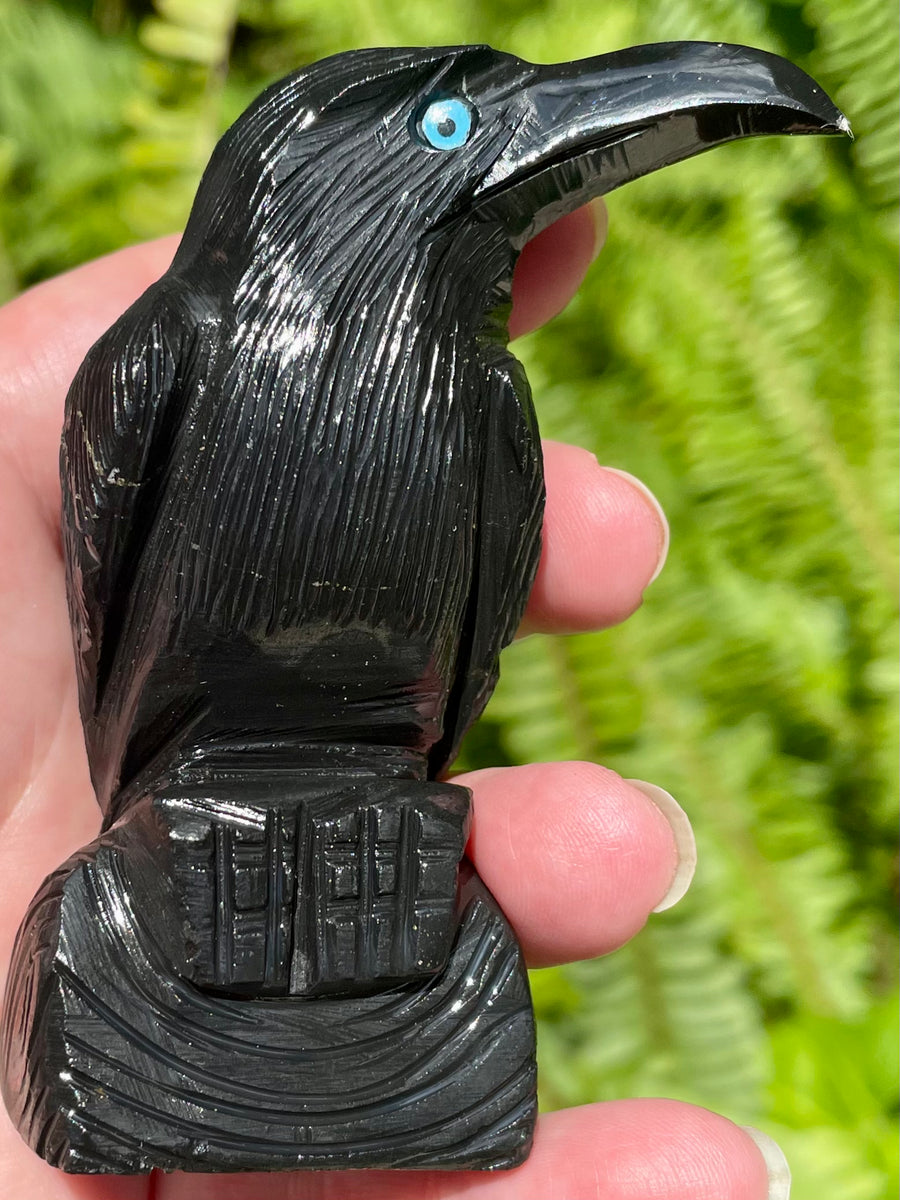 Large Black Obsidian Raven with Blue Eyes