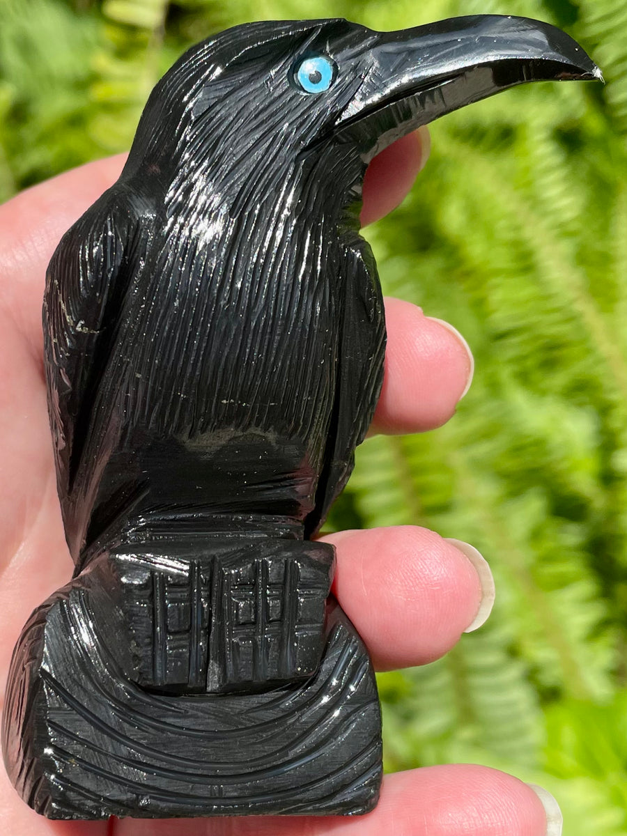 Large Black Obsidian Raven with Blue Eyes