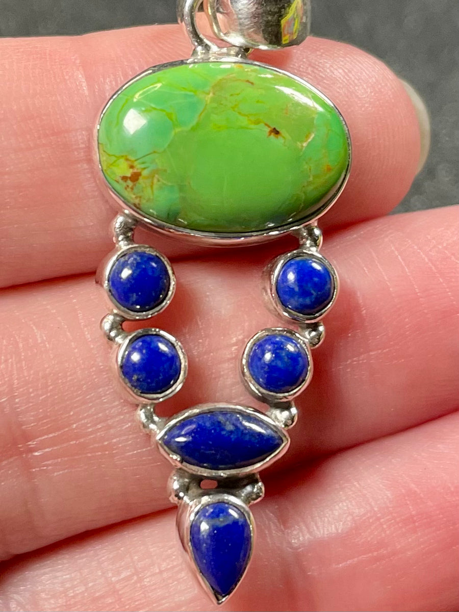 Green Mohave Turquoise and Lapis Lazuli Pendant